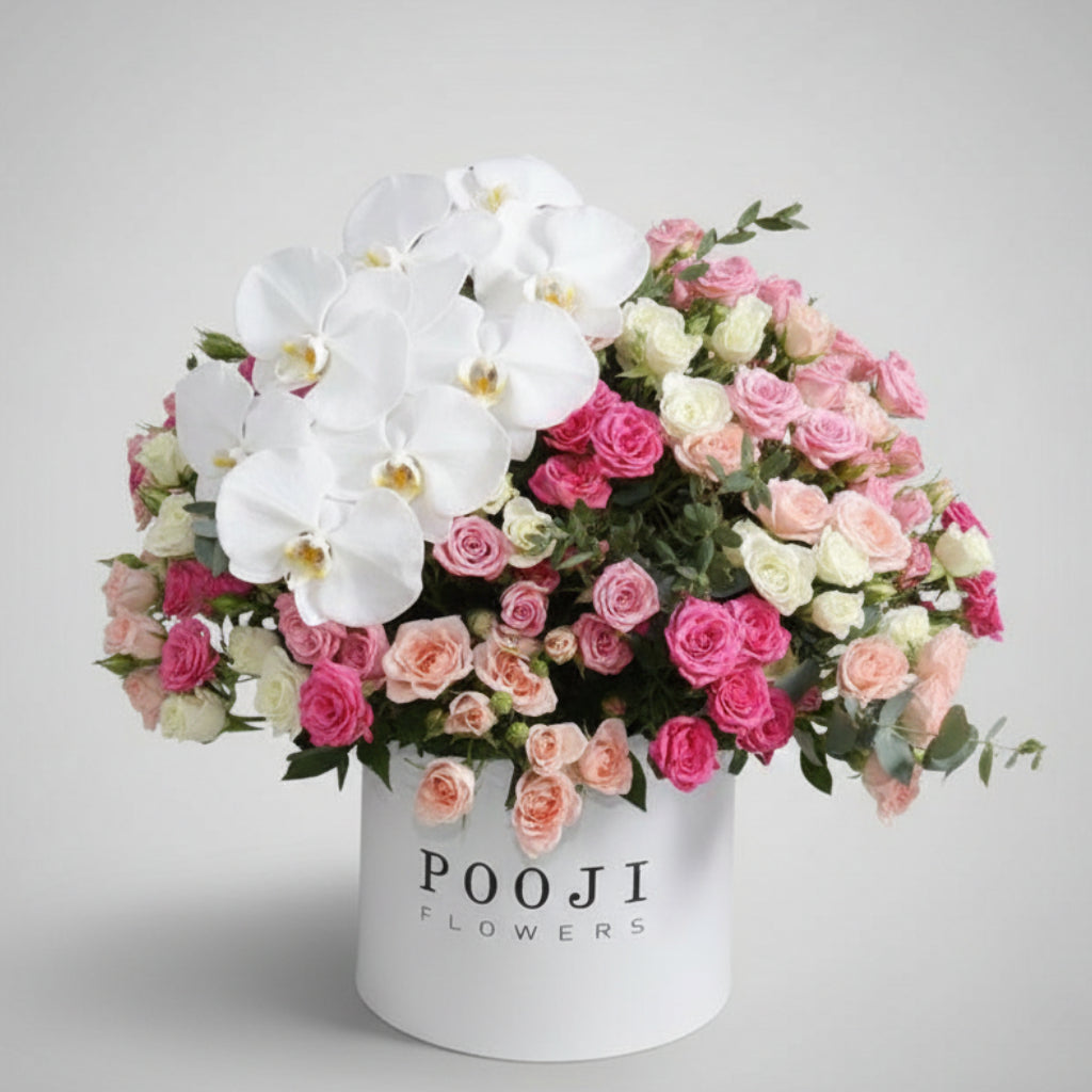 Luxury Mixed Pink Roses & Orchids Flower Box | Pooji Flowers Kuwait