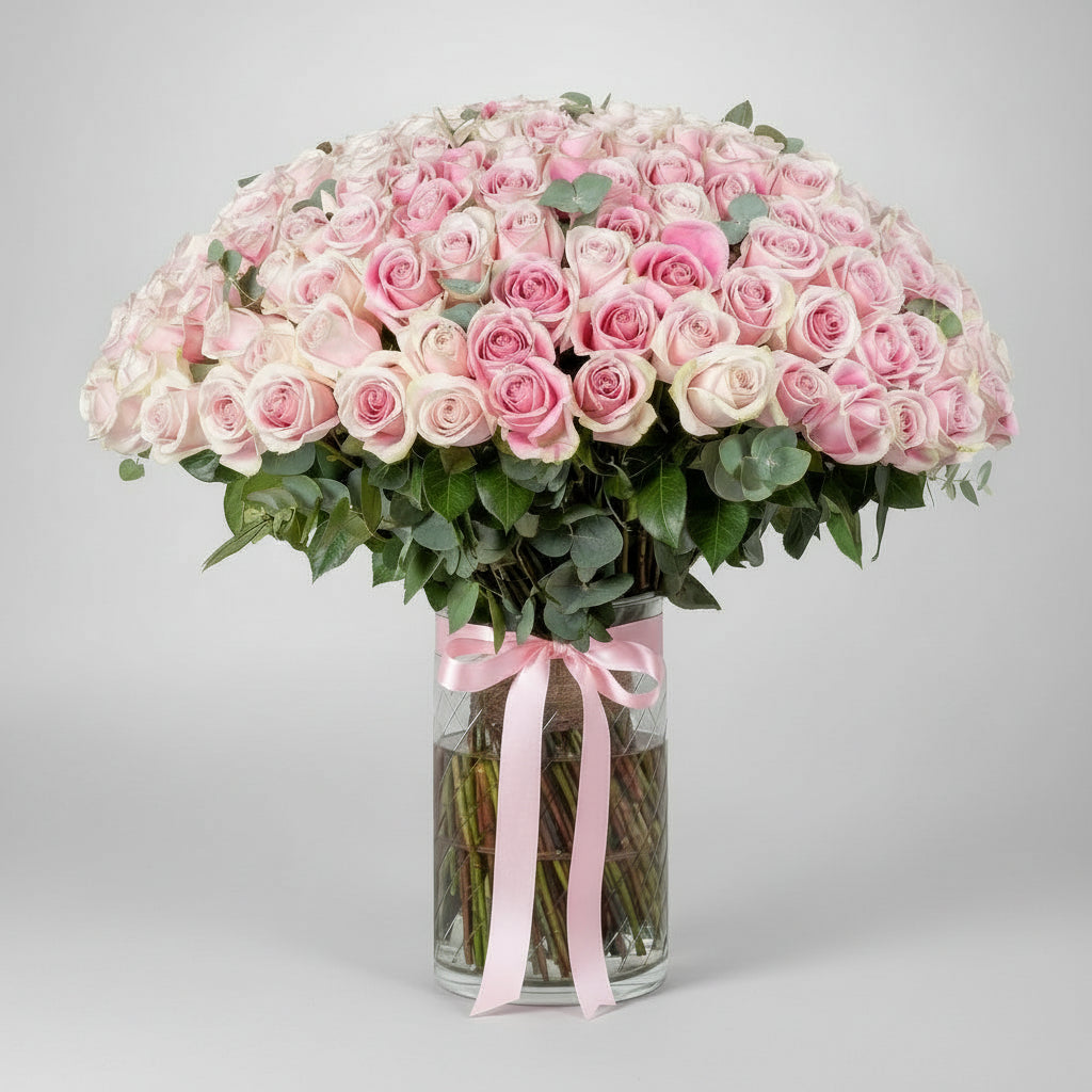 200 Premium Pink Roses in Elegant Vase | Luxury Arrangement Kuwait ...